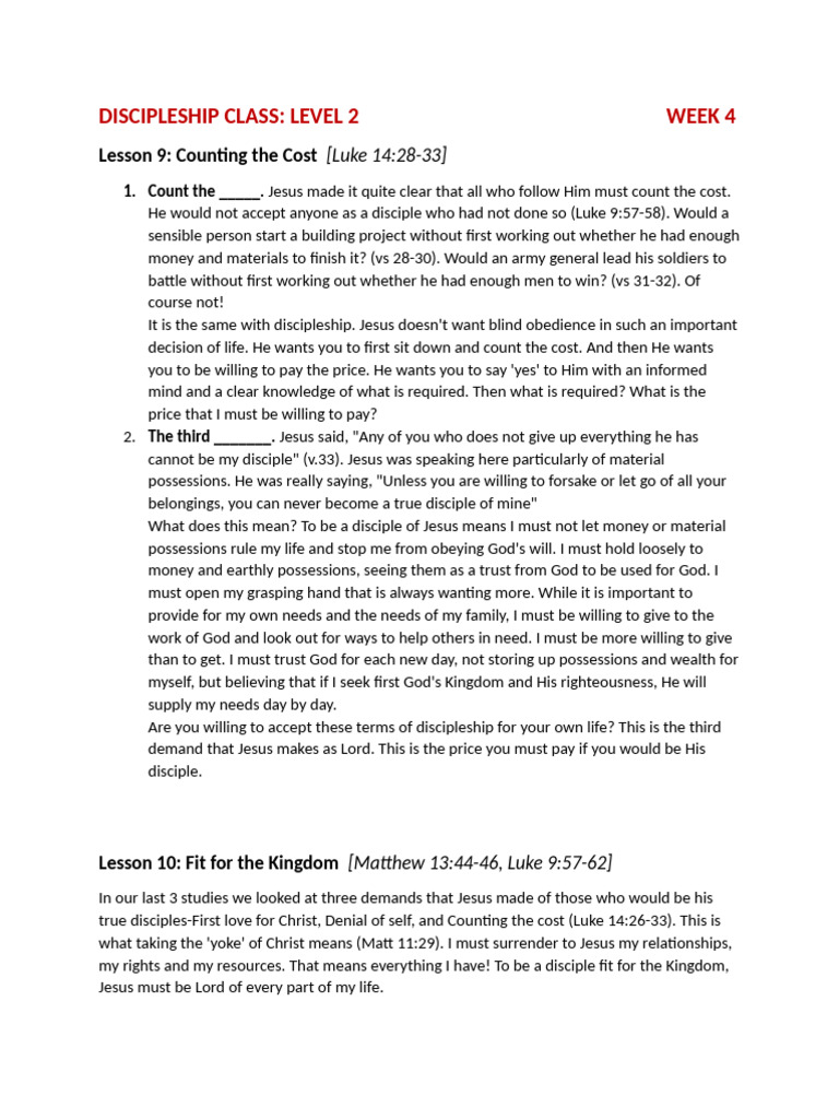DISCIPLESHIP CLASS WEEK 4 Lesson 9 10 | PDF | Disciple (Christianity ...