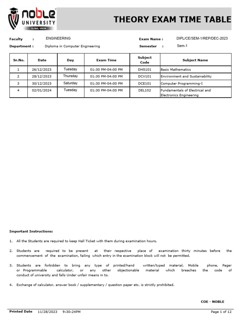 Sem-1 Repeater Dip B.tech M.tech | PDF | Academic Term | Books