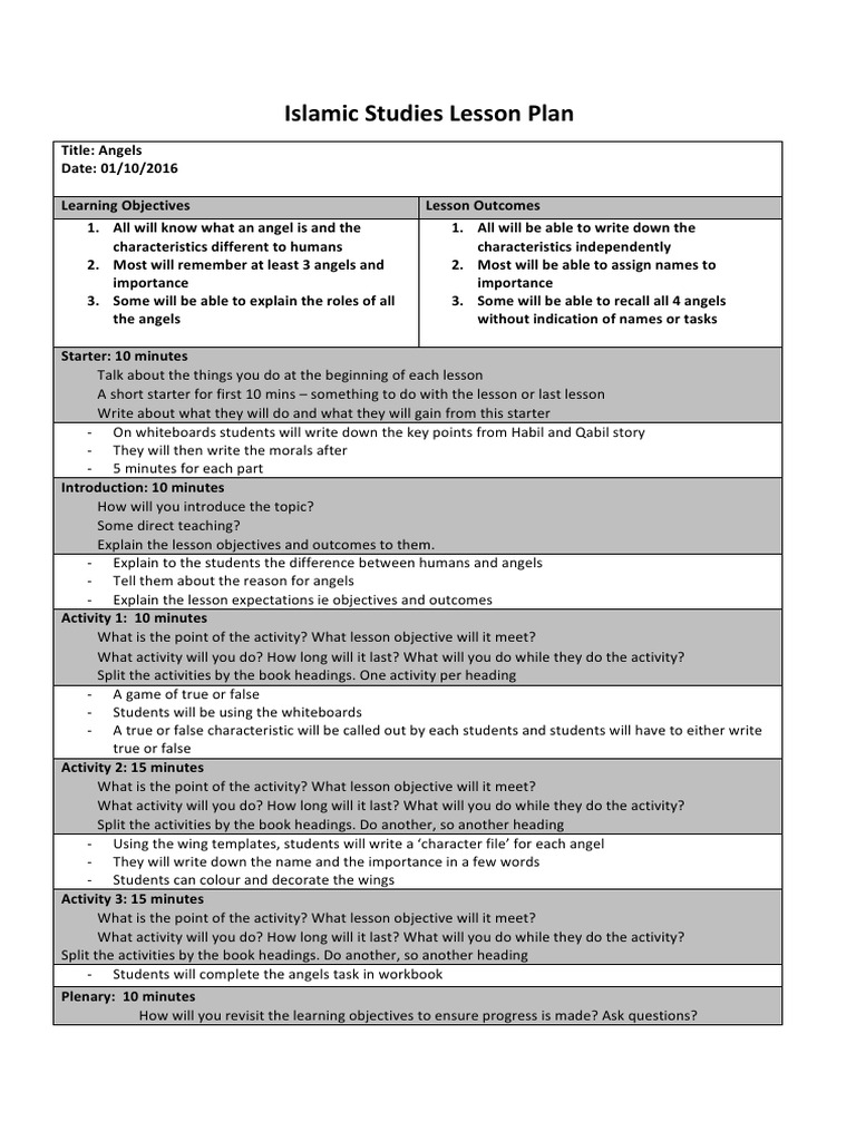 Islamic Studies Lesson Plan: Angels | PDF | Cognition | Abrahamic Religions