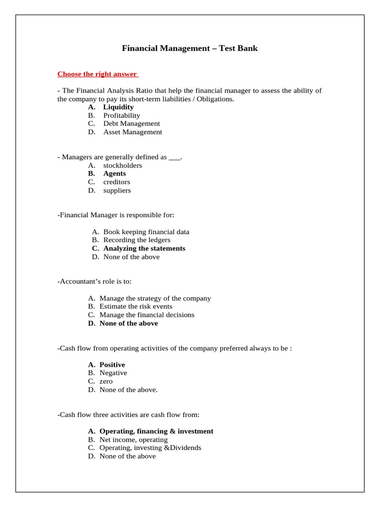 Financial Management Test Bank Overview | PDF | Equity (Finance) | Banks