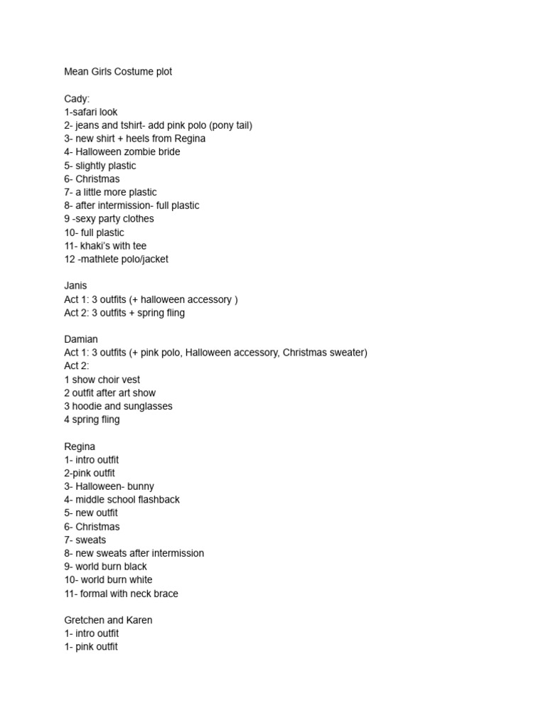 Mean Girls Costume Plot Overview | PDF