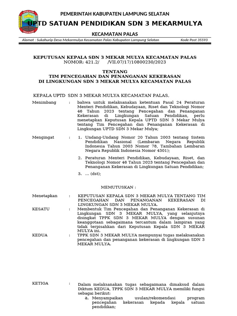 Sk Tim Penanganan Kekerasan Pdf