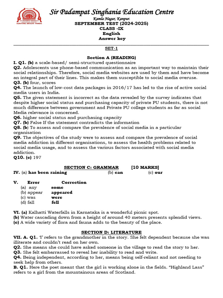 Class IX English September Test Answer Key | PDF