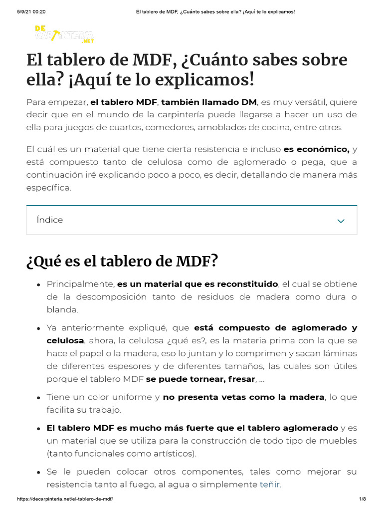 Todo sobre el tablero MDF: usos y ventajas | PDF | Madera | Carpintería