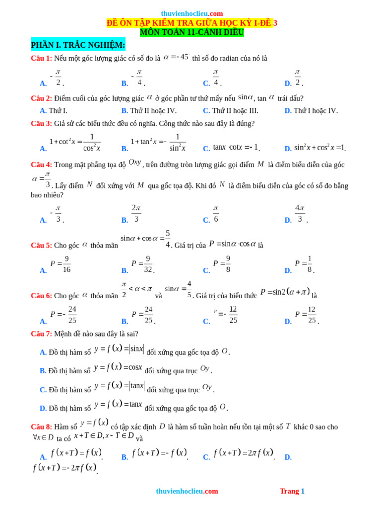De On Thi Giua HK1 Toan 11 Canh Dieu de 3 | PDF
