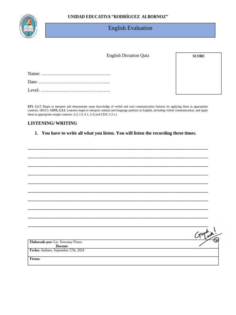 English Dictation Format Quiz | PDF