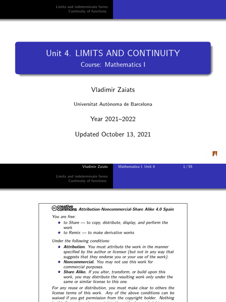 MathsI Unit 4 21 22 Handout | PDF | Limit (Mathematics) | Continuous Function
