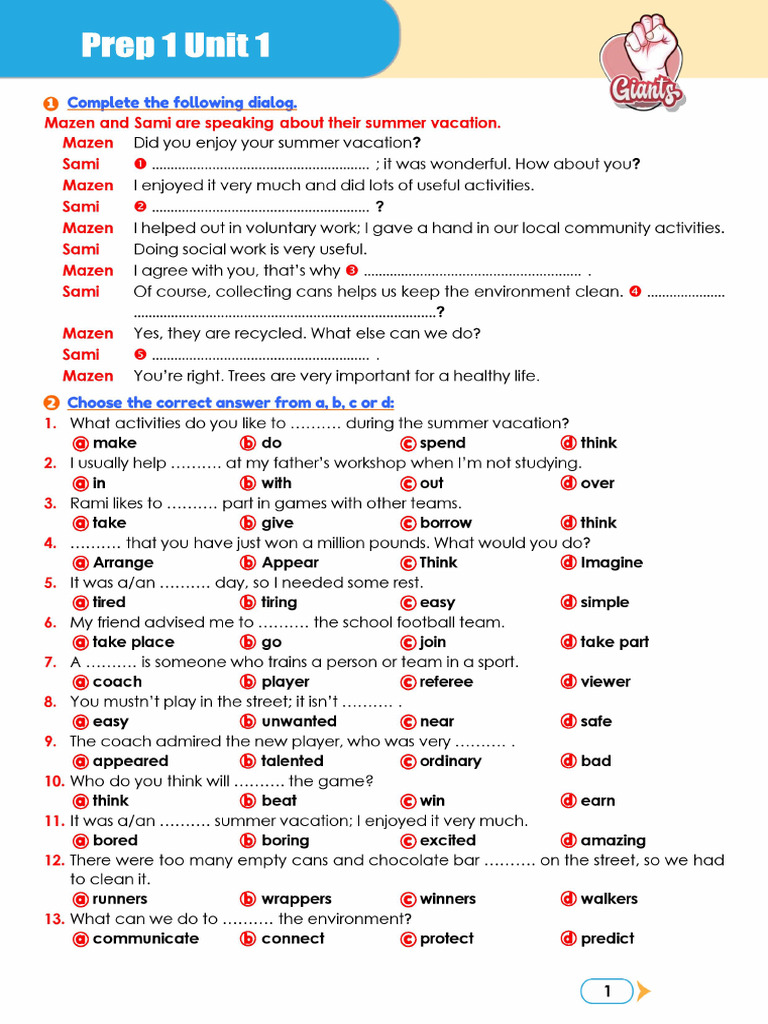 Giants - Prep 1 Unit 1 - Facebook Exercises | PDF