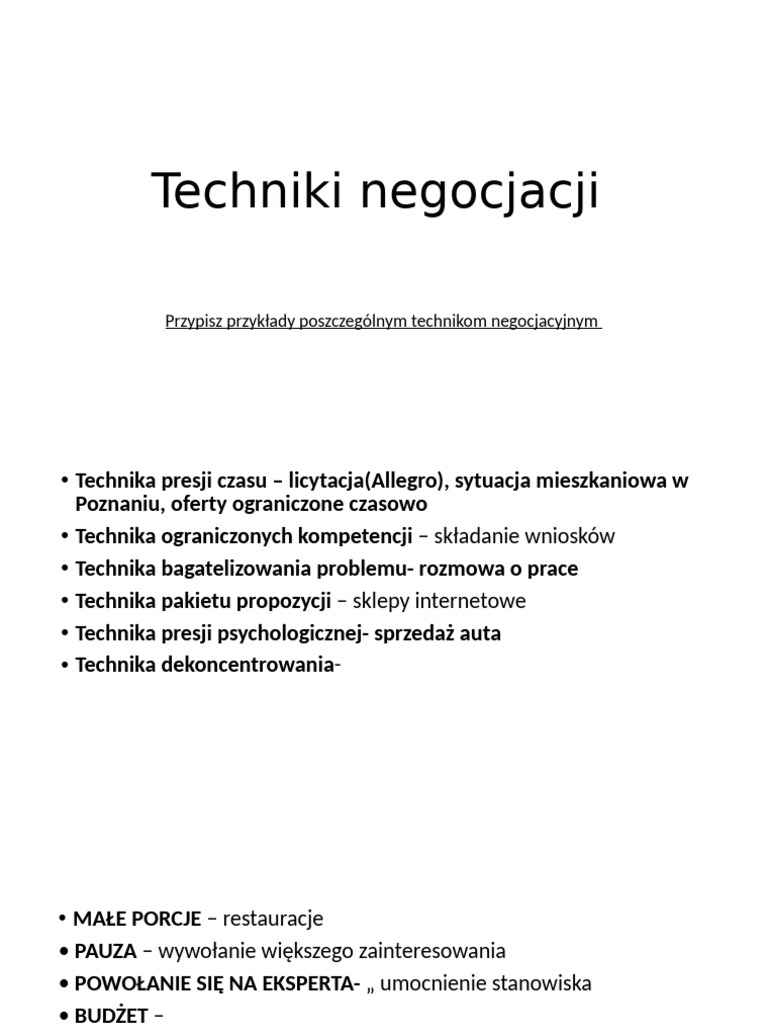 Prezentacja Techniki Negocjacji Zadanie | PDF