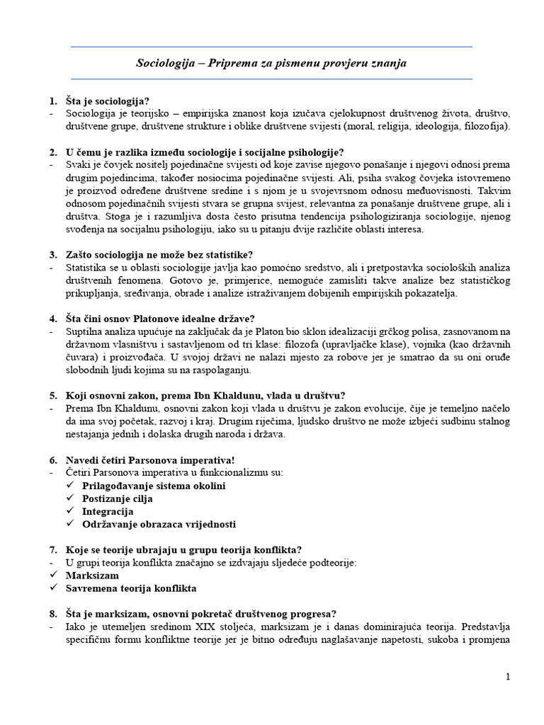 Sociologija - Priprema Za Pismenu Provjeru Znanja | PDF