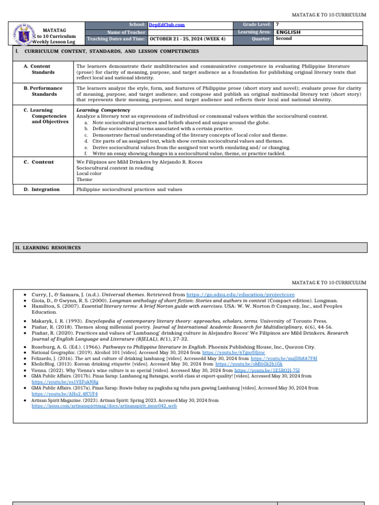 DLL Matatag - English 7 Q2 W4 | PDF | Curriculum | Narrative