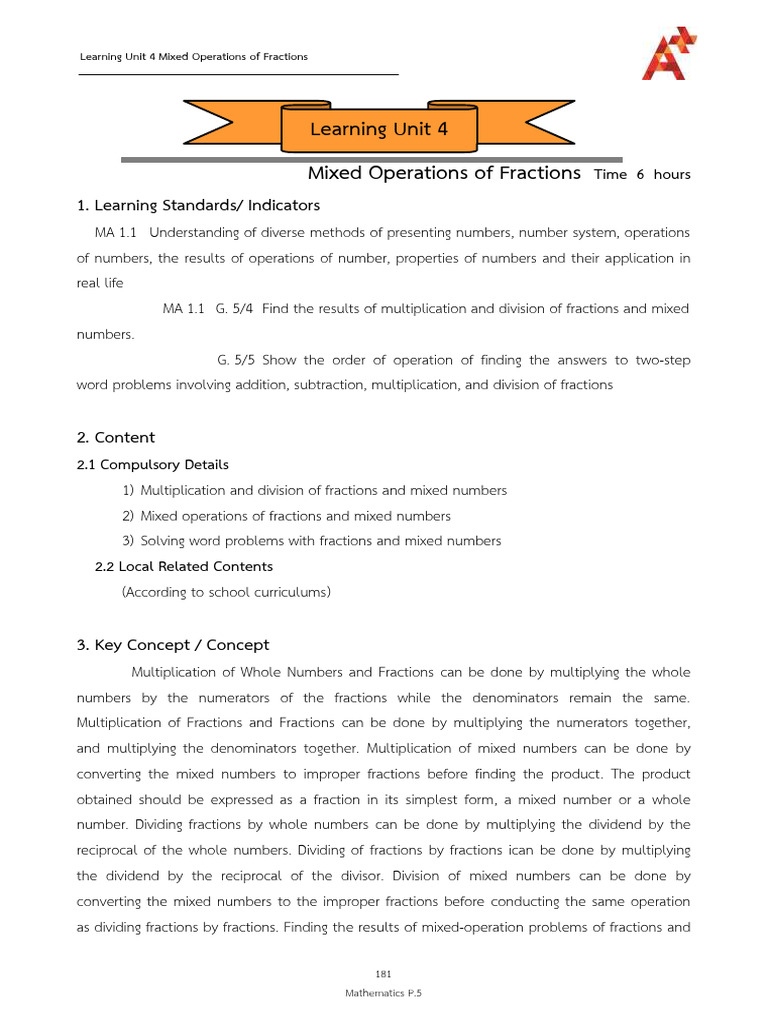 Learning Unit 4 Mixed Operations of Fractions | PDF | Division (Mathematics) | Mathematics