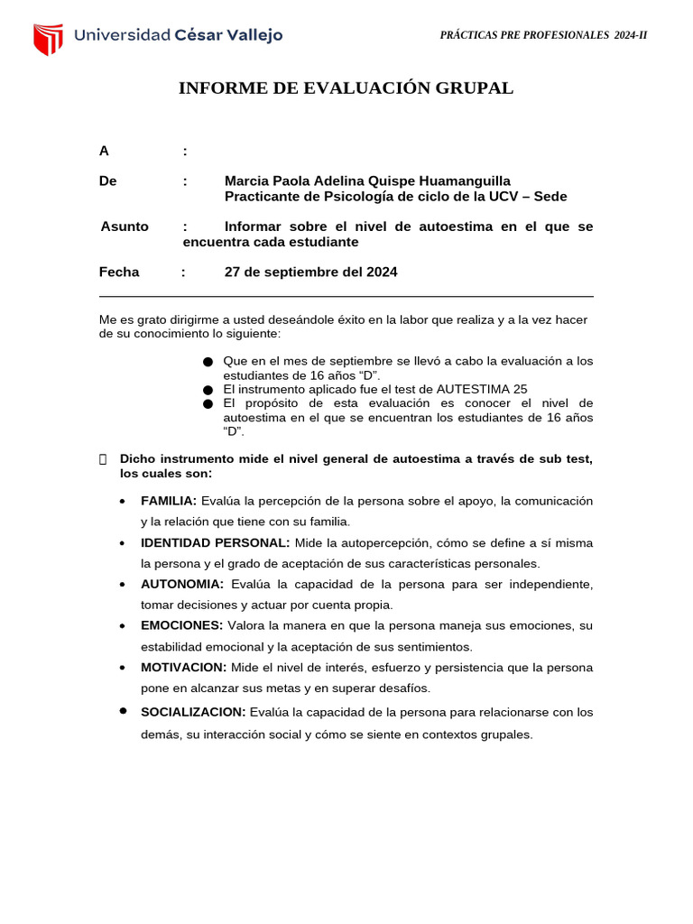 Informe de Evaluación Grupal 5d | PDF | Autoestima | Teorías psicologicas