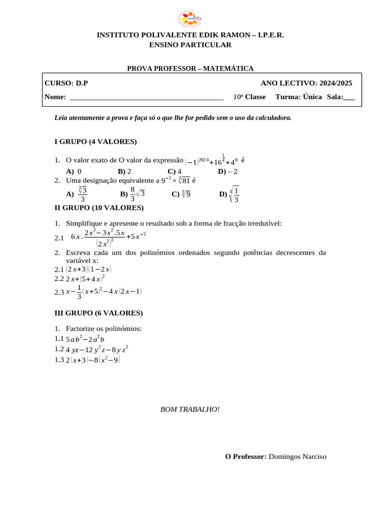 Prova - Prof Matemática 10 D.P | PDF | Matemática