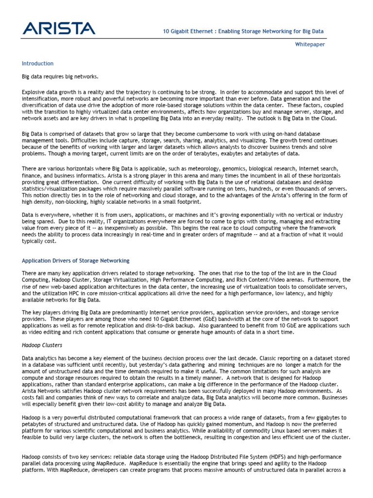 Arista Storage Networking Whitepaper 10GBPS Networks | PDF | Computer Network | Apache Hadoop