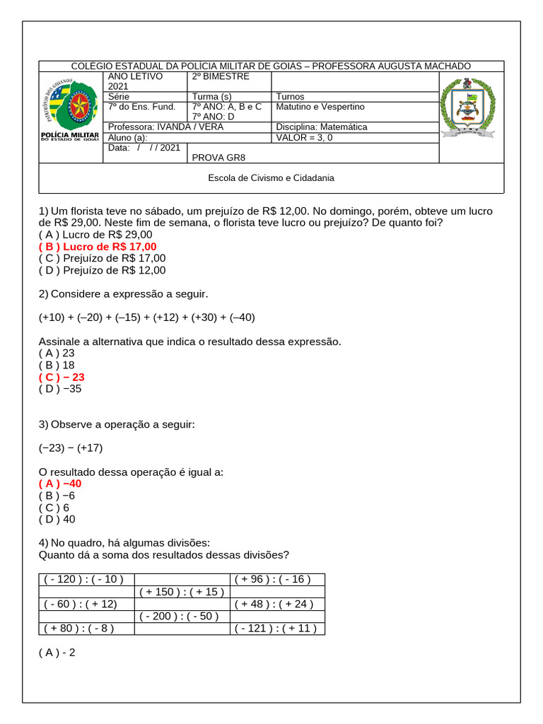 Provas de Matemática - 7 Ano | PDF