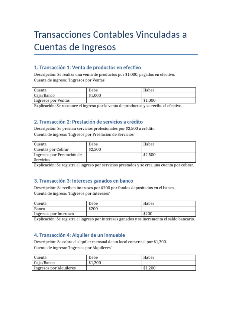Transacciones Contables de Ingresos | PDF