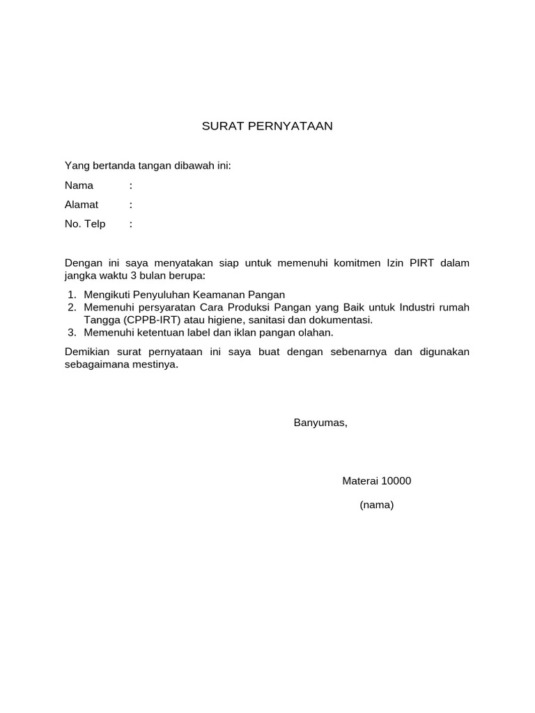 Surat Pernyataan Izin PIRT | PDF | Pengembangan Diri | Kesehatan Holistik