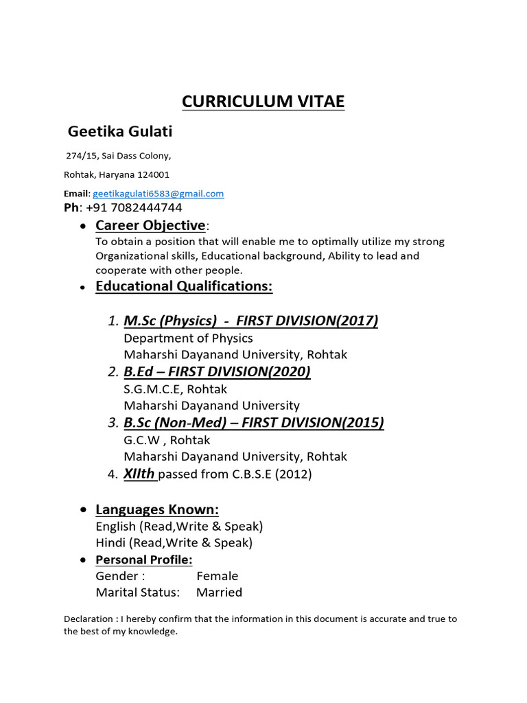 CV of Geetika Gulati | PDF | Science & Mathematics
