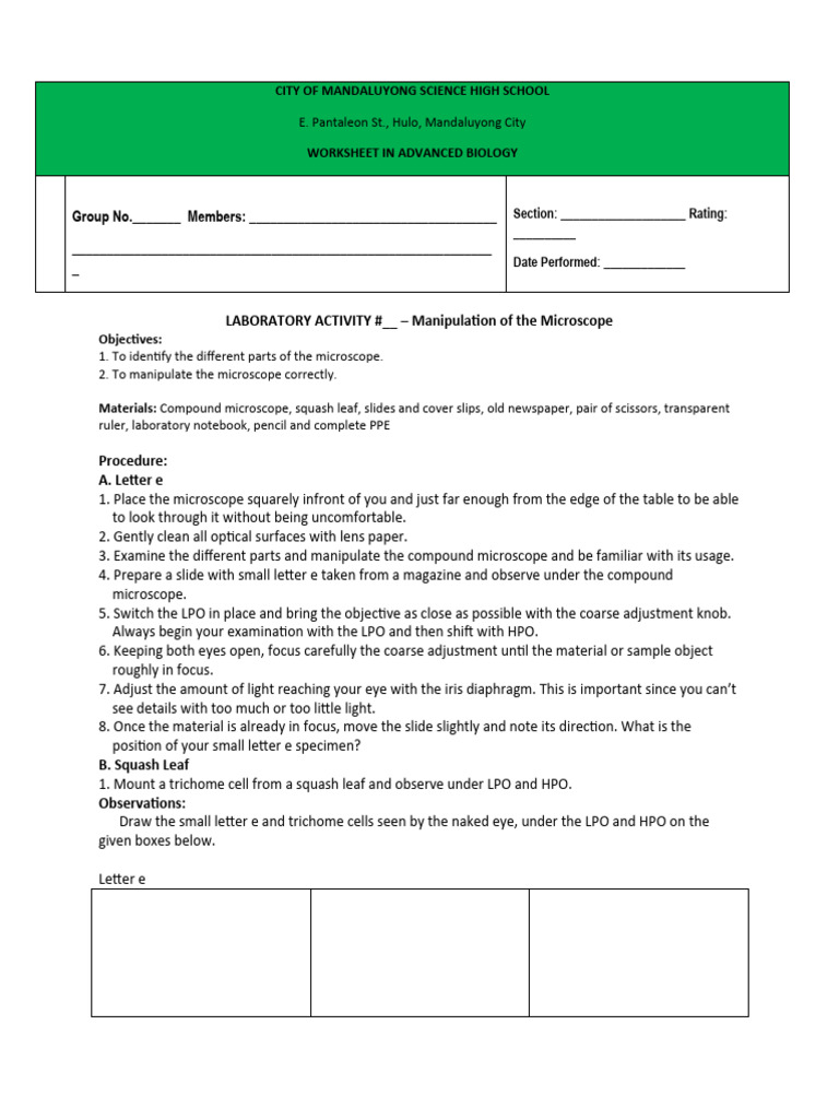 Laboratory Activity Microscope Pdf Microscope Optics