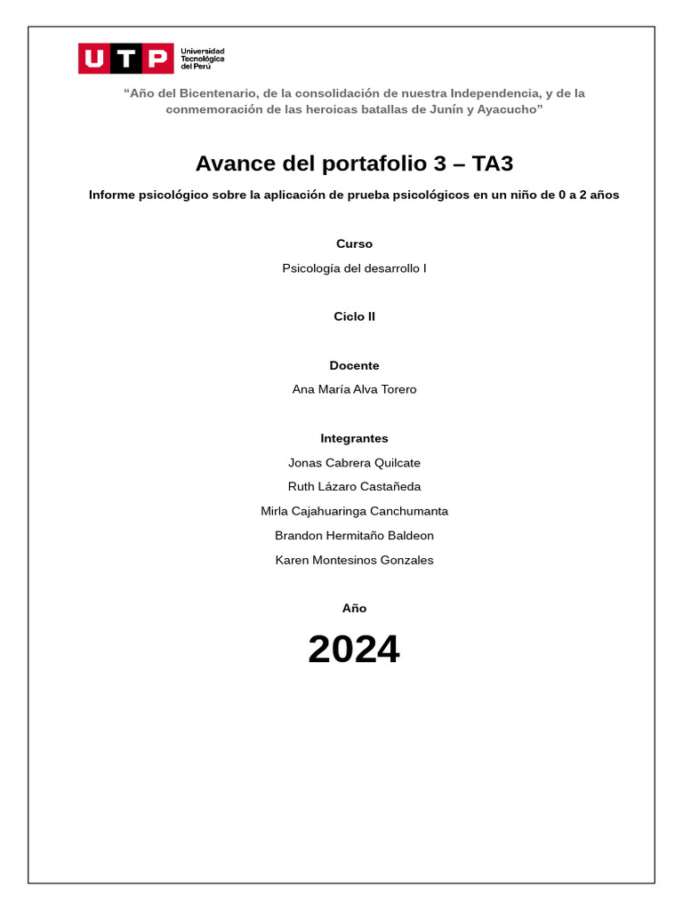 Informe Psicologico_Aplicacion de Pruebas_ Ta3 | PDF | El embarazo | Teoría de apego