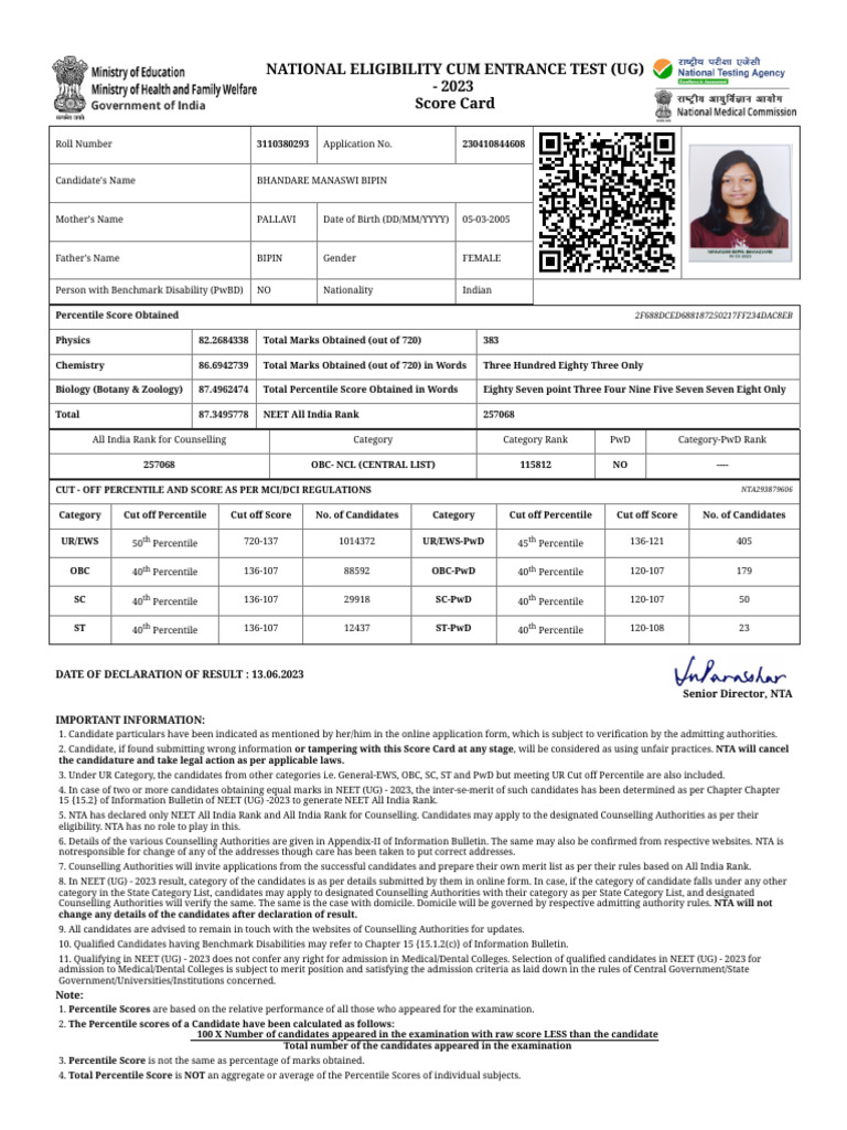 Neet Score Card | PDF | Qualifications | Tests