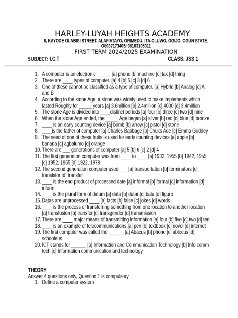 Ict Questions JS1 - 3 | PDF | Computer Hardware | Input/Output