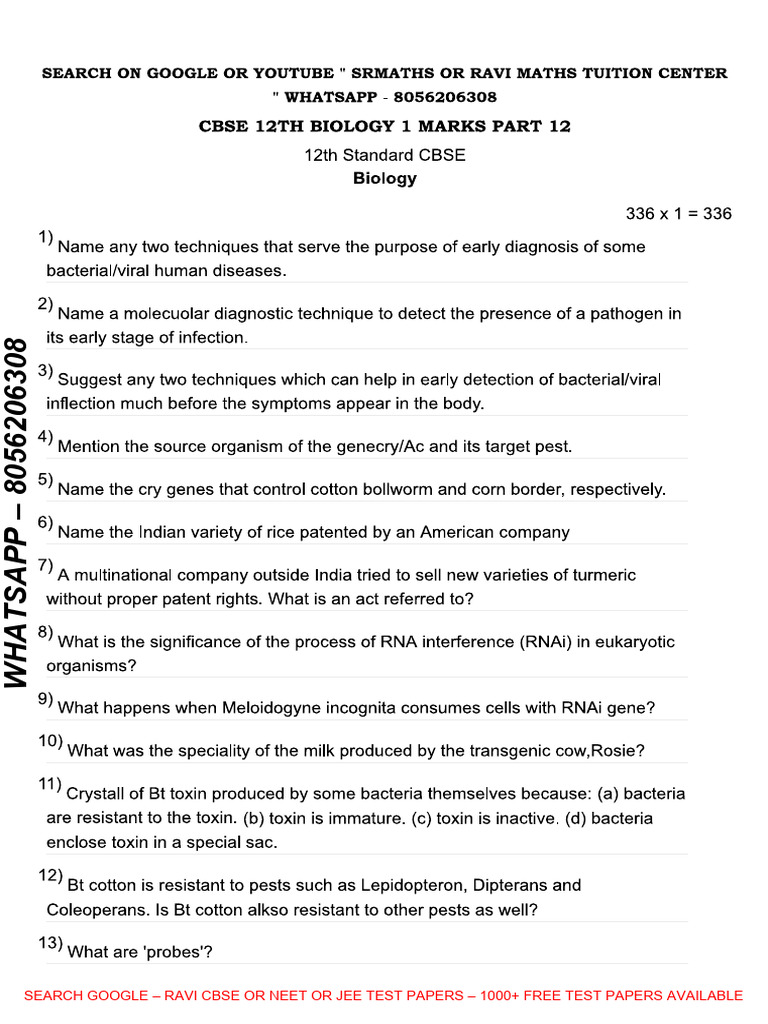 Cbse 12th Biology 336 1 Marks Part 12 Q | PDF | Tests | Standardized Tests Cbse 12th Biology 336 1 Marks Part 12 Q | PDF | Tests | Standardized Tests