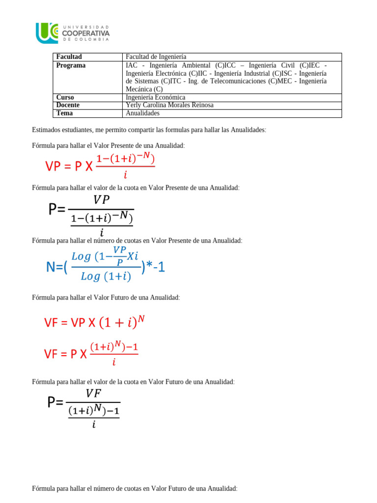 Formulas Anualidades | PDF | Tecnología