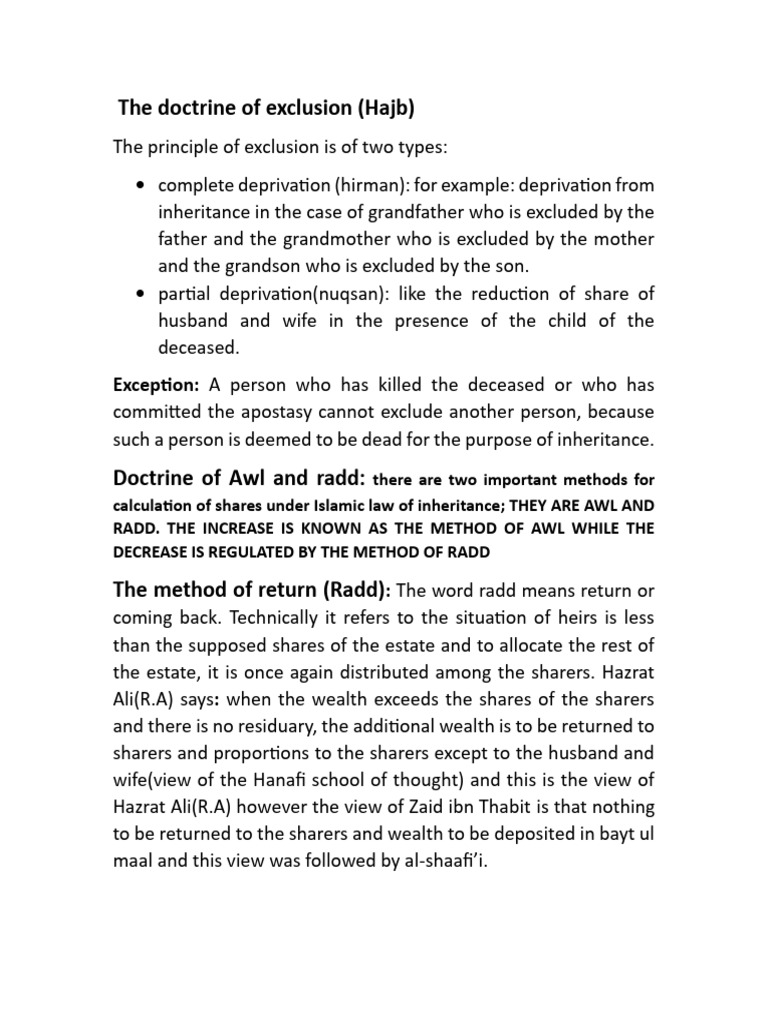The Doctrine of Exclusion, Radd and Awl | PDF | Inheritance | Islamic ...