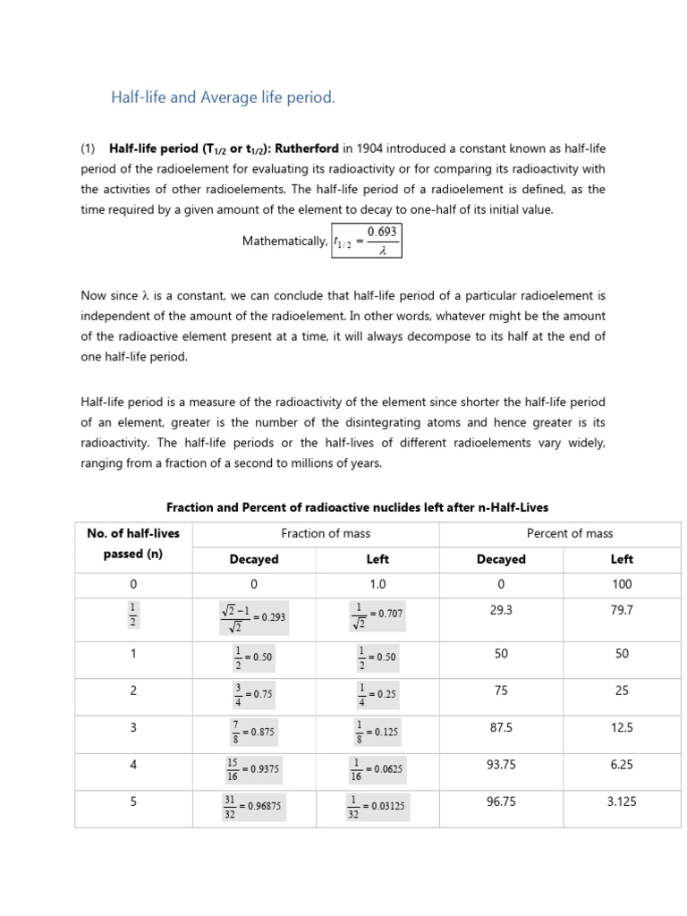 Understanding Half-Life and Average Life Period | PDF | Radioactive Decay | Physical Sciences