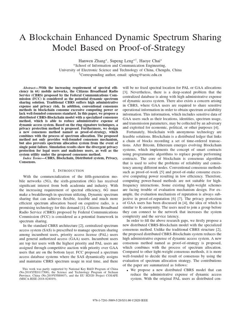 A Blockchain Enhanced Dynamic Spectrum Sharing Model Based On Proof-of-Strategy | PDF | Public ...