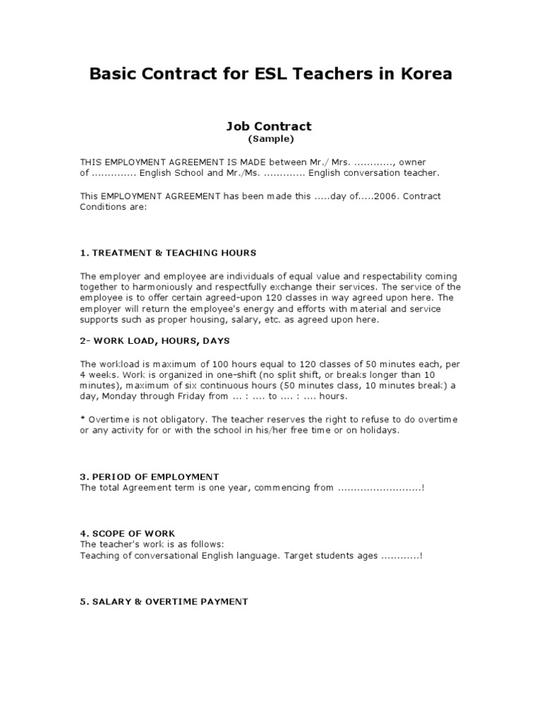 Basic Contract For ESL Teachers in Korea | PDF | Overtime | Employment