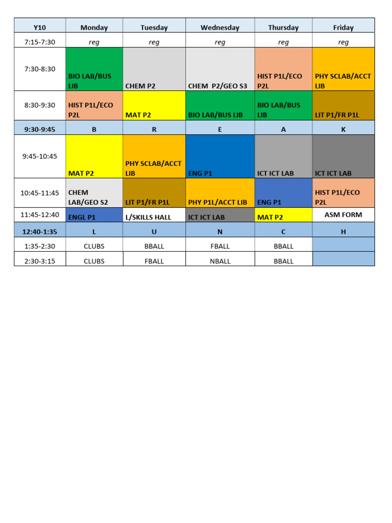 Student Weekly Class Schedule | PDF