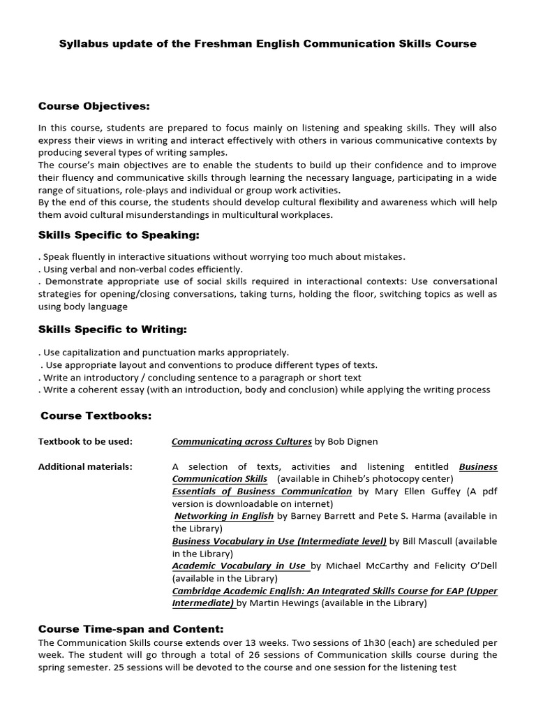 Freshman English Communication Skills Syllabus | PDF | Communication ...