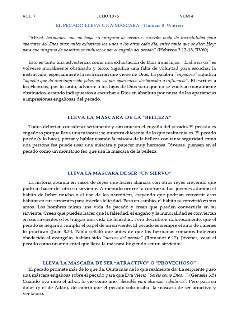 EL PECADO LLEVA UNA MÁSCARA. Por Thomas B. Warren | PDF | Víspera | Pecado