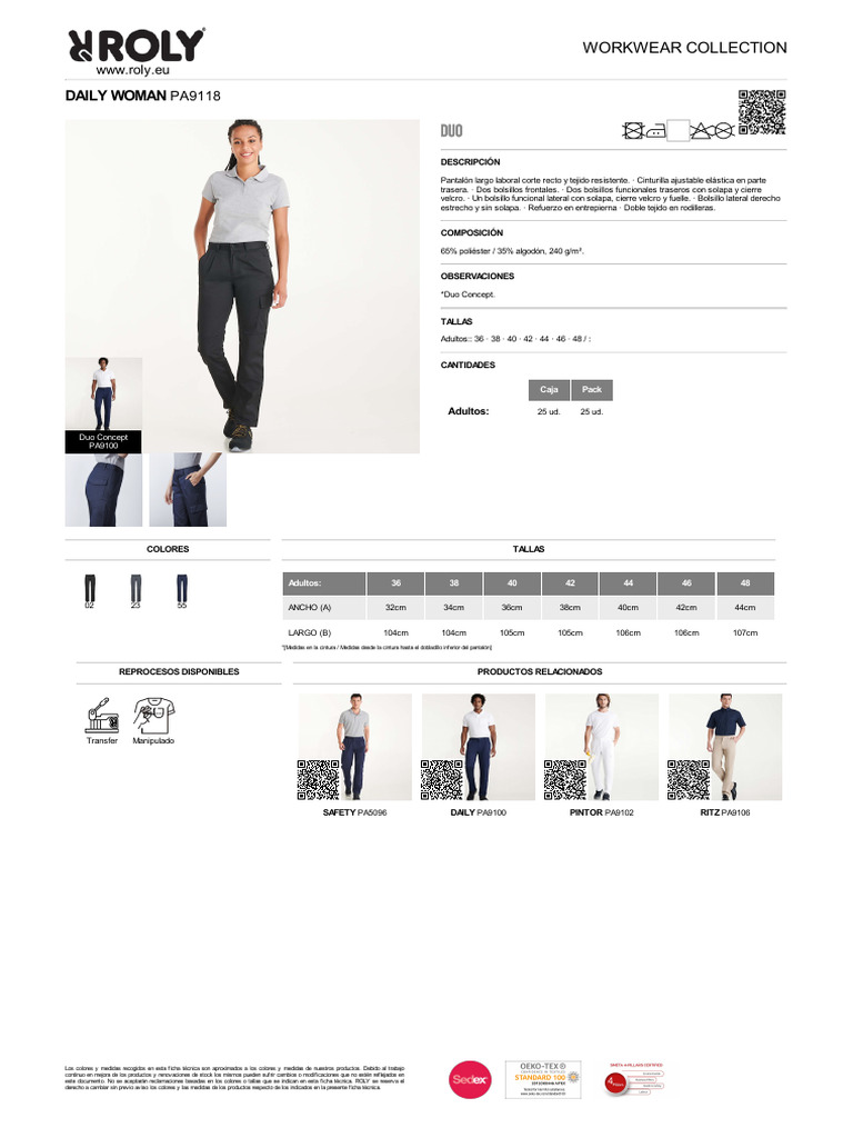5048 Pantalón Mujer Roly Daily 9118 Ficha Tecnica | PDF | Ropa