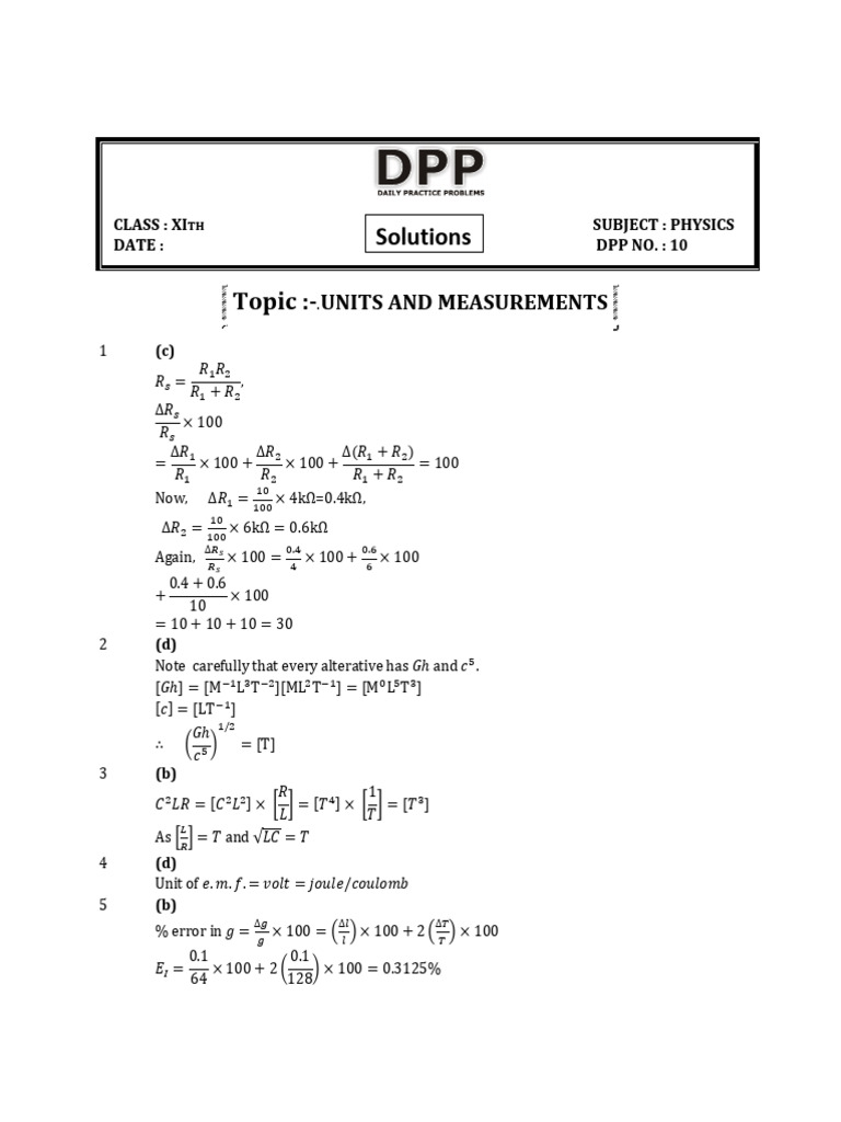DPP-10 Solution Units and Measurements | PDF | Mechanics | Physical Phenomena