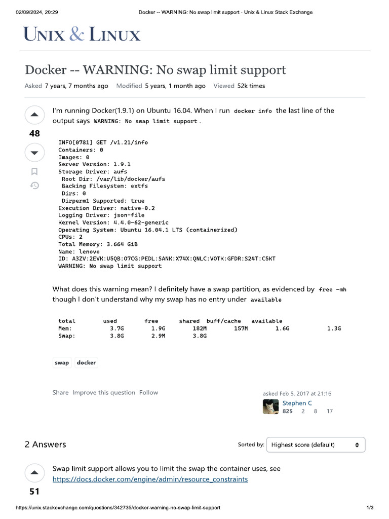 Docker - WARNING No Swap Limit Support | PDF