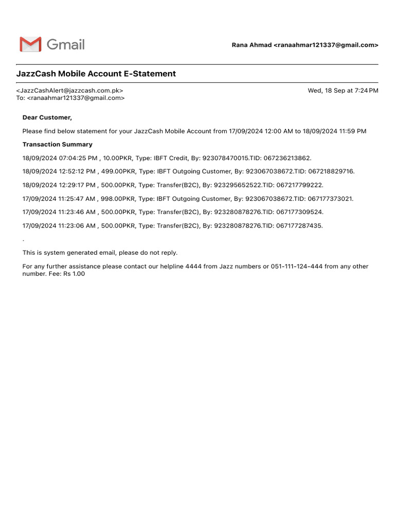 JazzCash Mobile Account E-Statement | PDF
