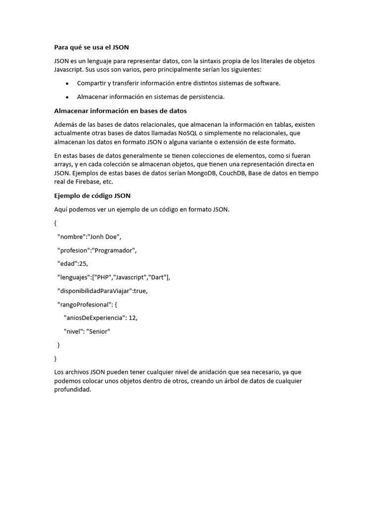 Usos y Sintaxis del Formato JSON | PDF | Json | Bases de datos
