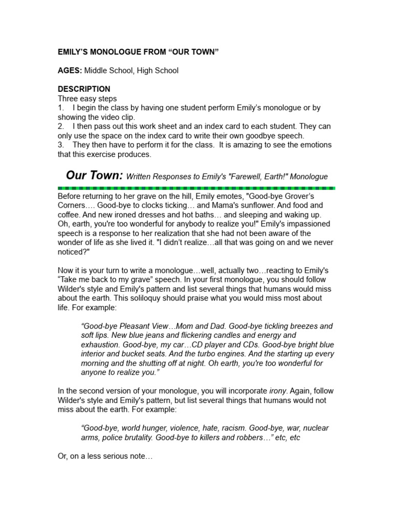 Write and Perform Monologues Inspired by "Our Town" | PDF