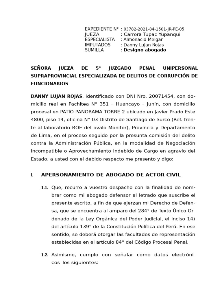 Apersono Abogado Caso Ni - Huancayo Danny Lujan | PDF | Gobierno | Ley ...