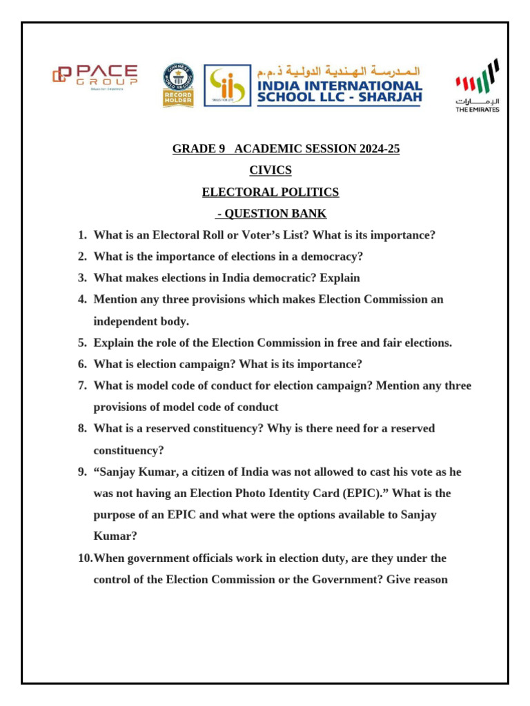 Grade 9 Civics Chapter Electoral Politics QB | PDF | Elections ...