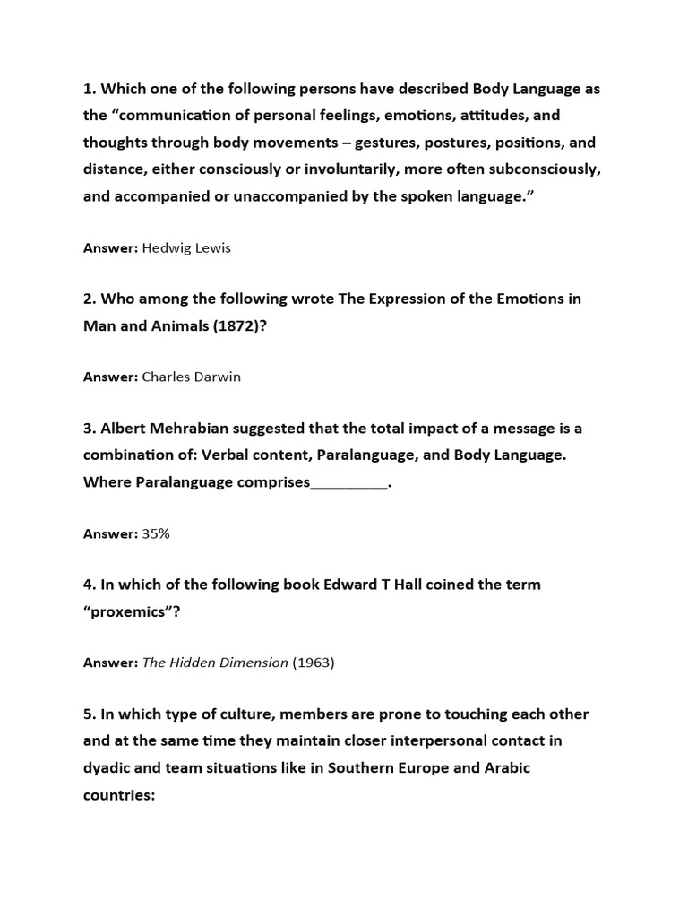 Important Question - Body Language NPTEL | PDF | Body Language | Human ...