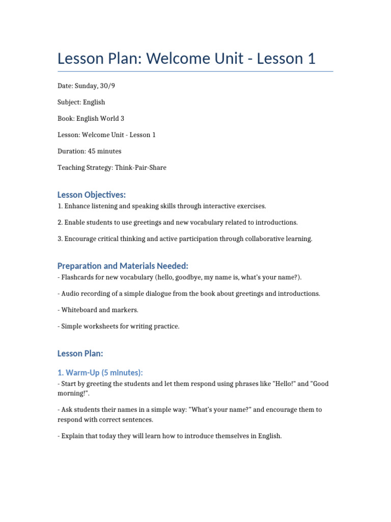 Lesson Plan Welcome Unit | PDF | Lesson Plan | English Language