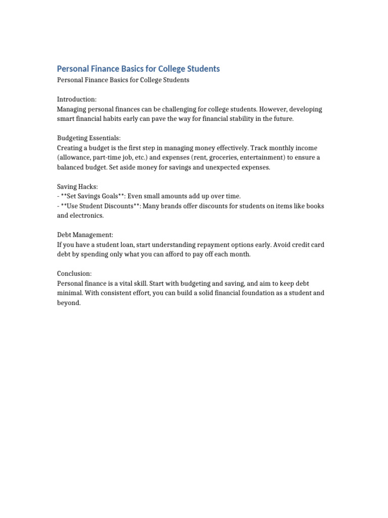 Personal Finance Basics For College Students | PDF