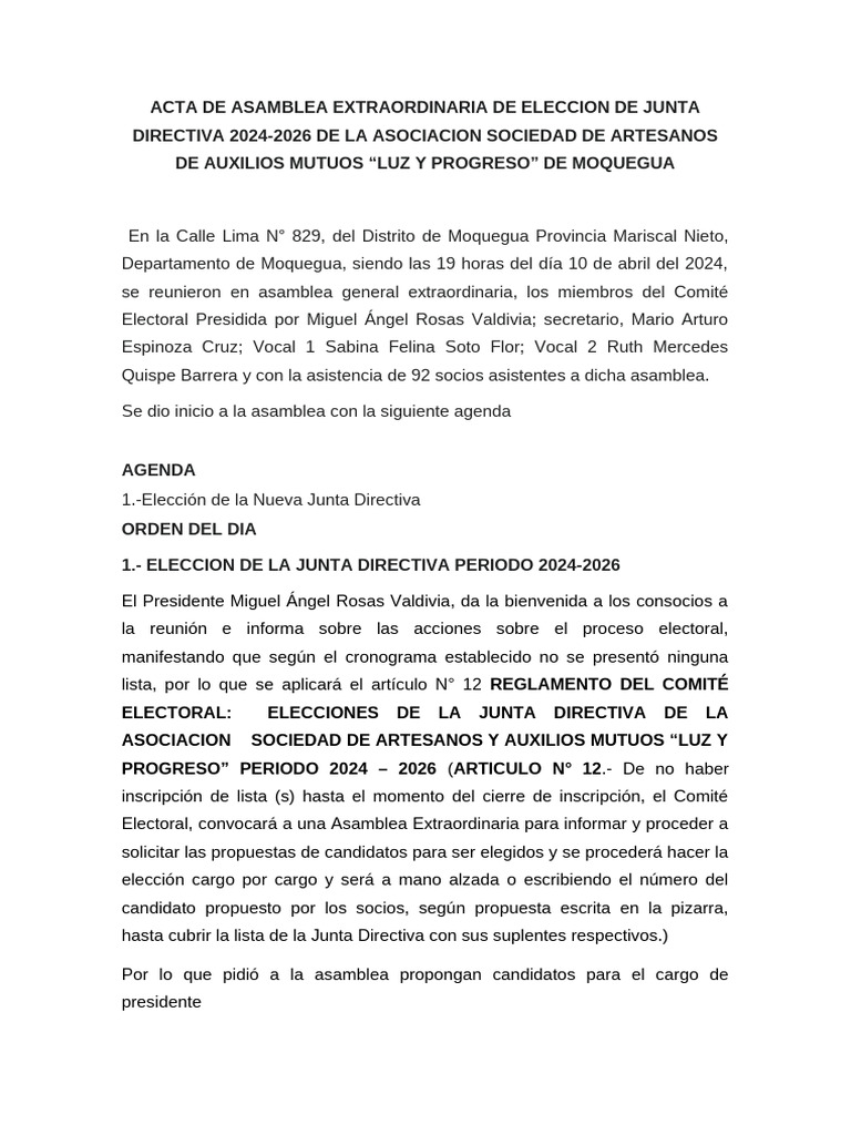 2024 Acta de Eleccion Junta Directiva 2024-2026 | PDF | América del Sur | Gobierno
