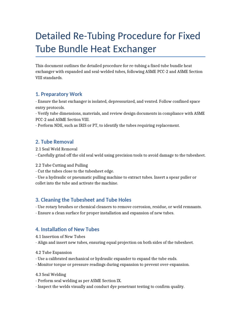 Revised Retubing Procedure With Tests | PDF | Leak | Welding