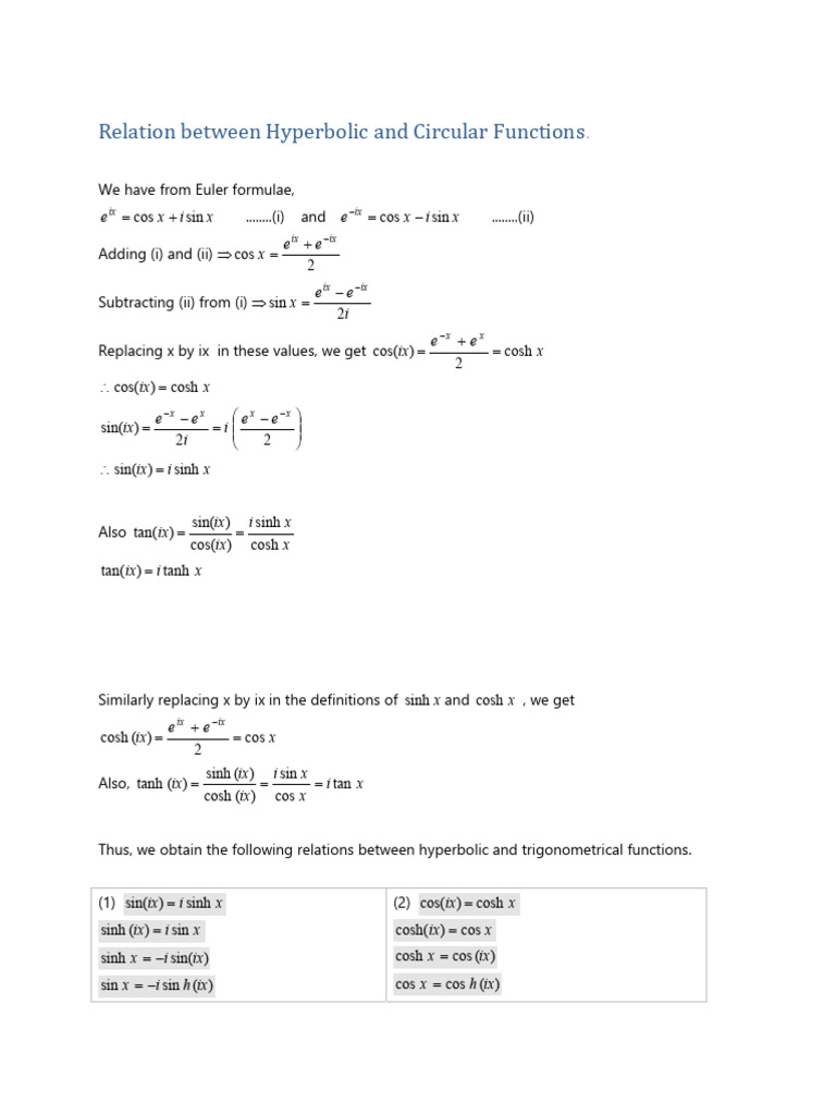Hyperbolic Functions Relation Between Hyperbolic and Circular Functions ...